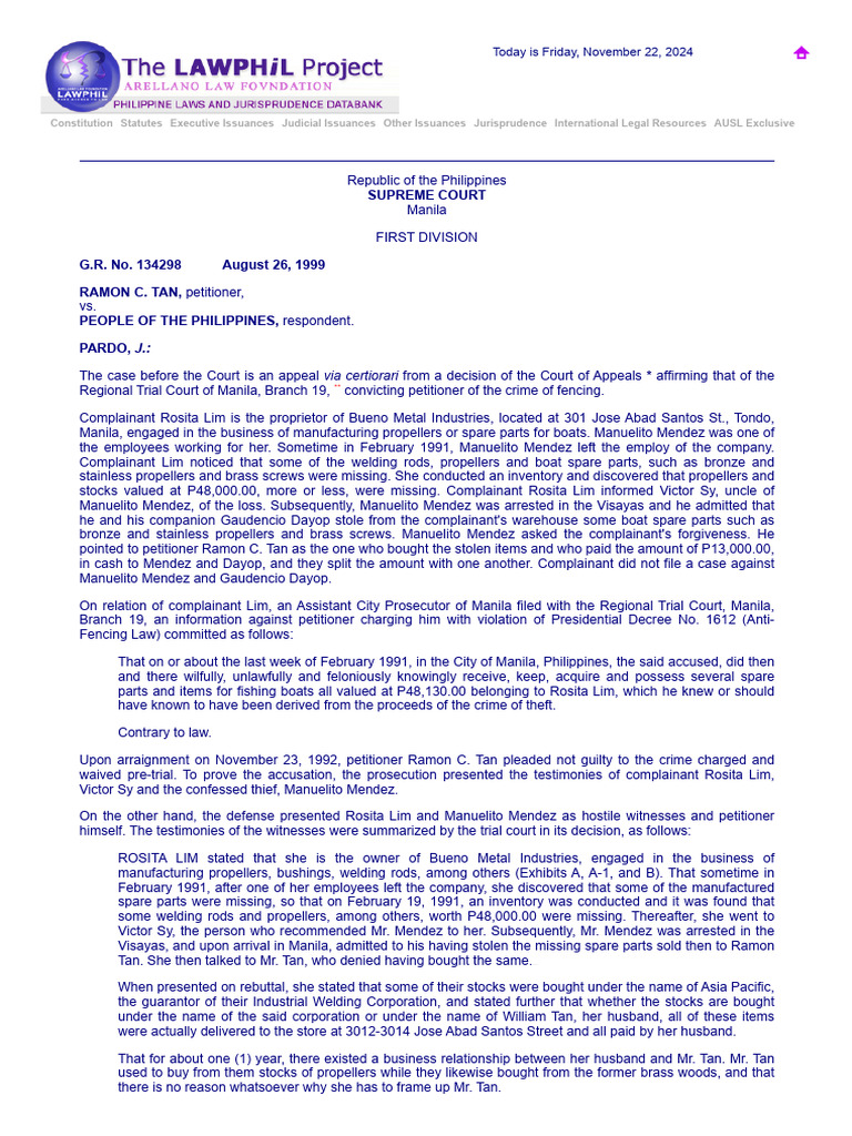 Ramon Tan vs. People, G.R. No. 134298, August 26, 1999 | PDF | Robbery ...