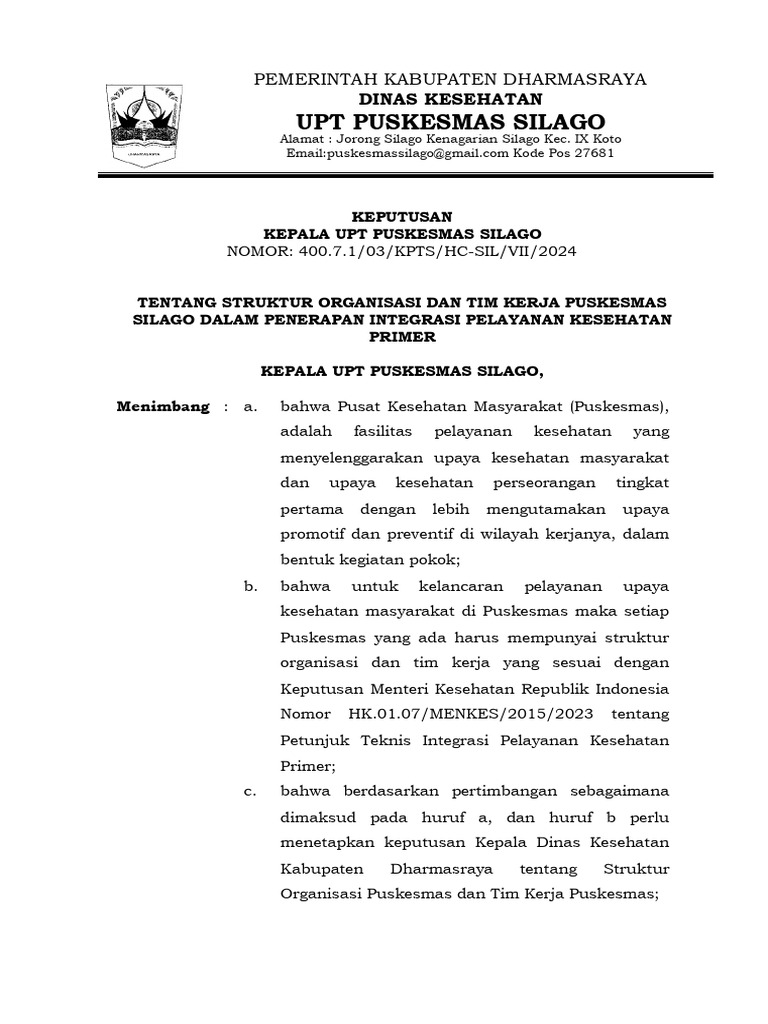 SK STRUKTUR ORGANISASI DAN TIM ILP PUSKESMAS SILAGO | PDF
