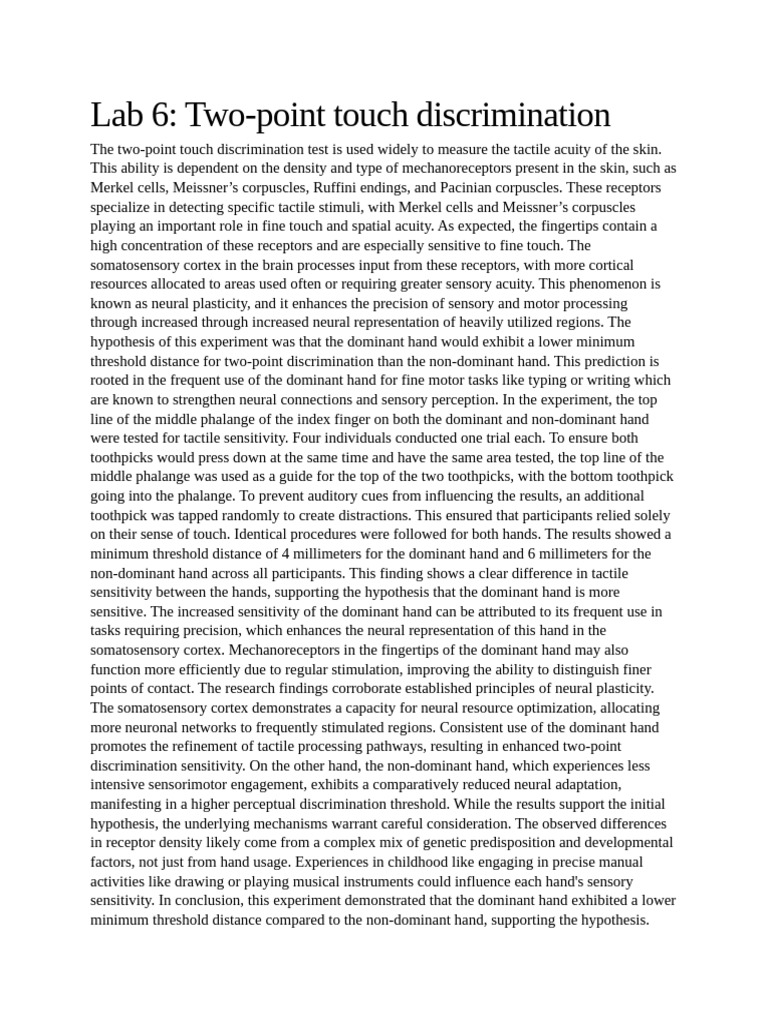 Lab 6-Two-point touch discrimination | PDF | Somatosensory System ...