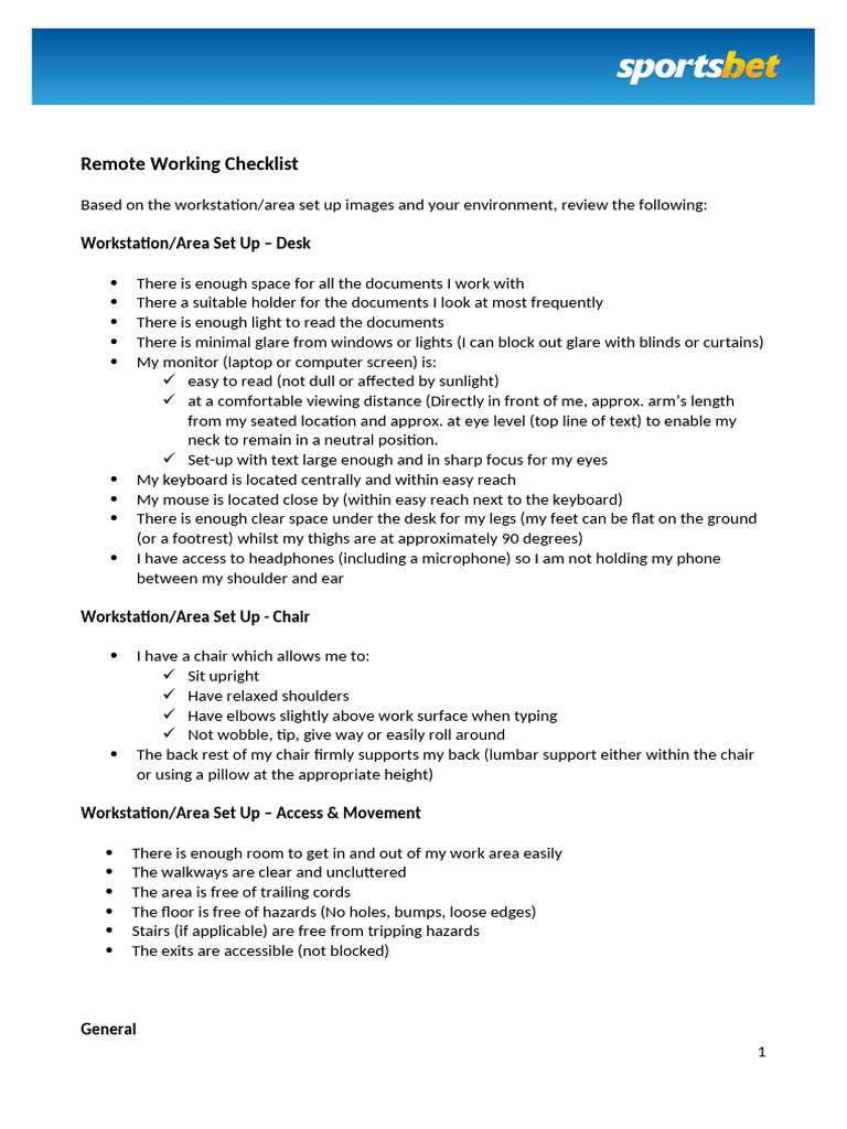 Remote Working Checklist - Final | PDF | Chair | Desk