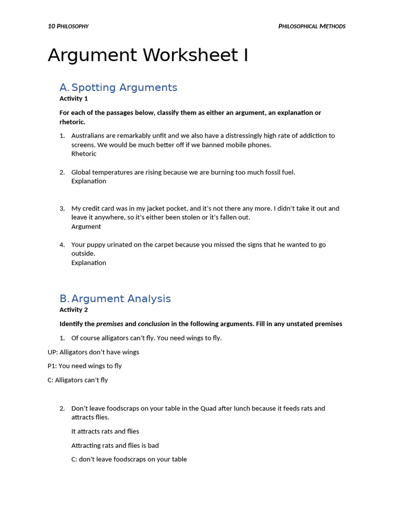 Argument Worksheet I | PDF | Argument | Philosophical Methodology