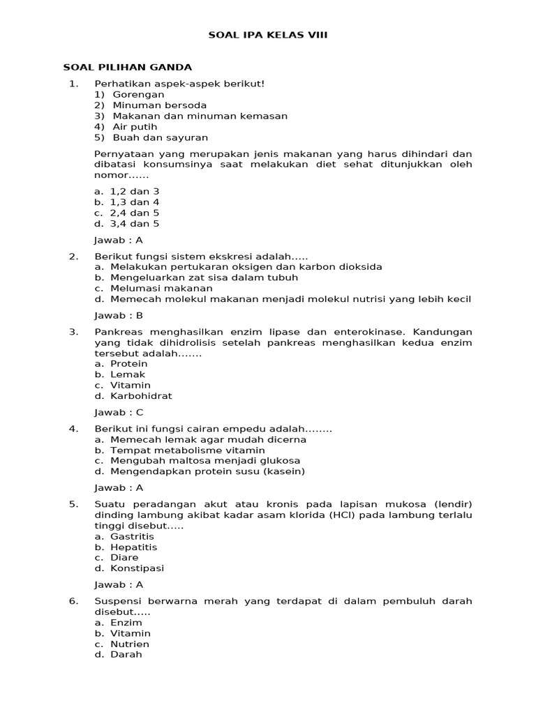 Soal IPA Kelas VIII: Sistem Tubuh dan Nutrisi | PDF