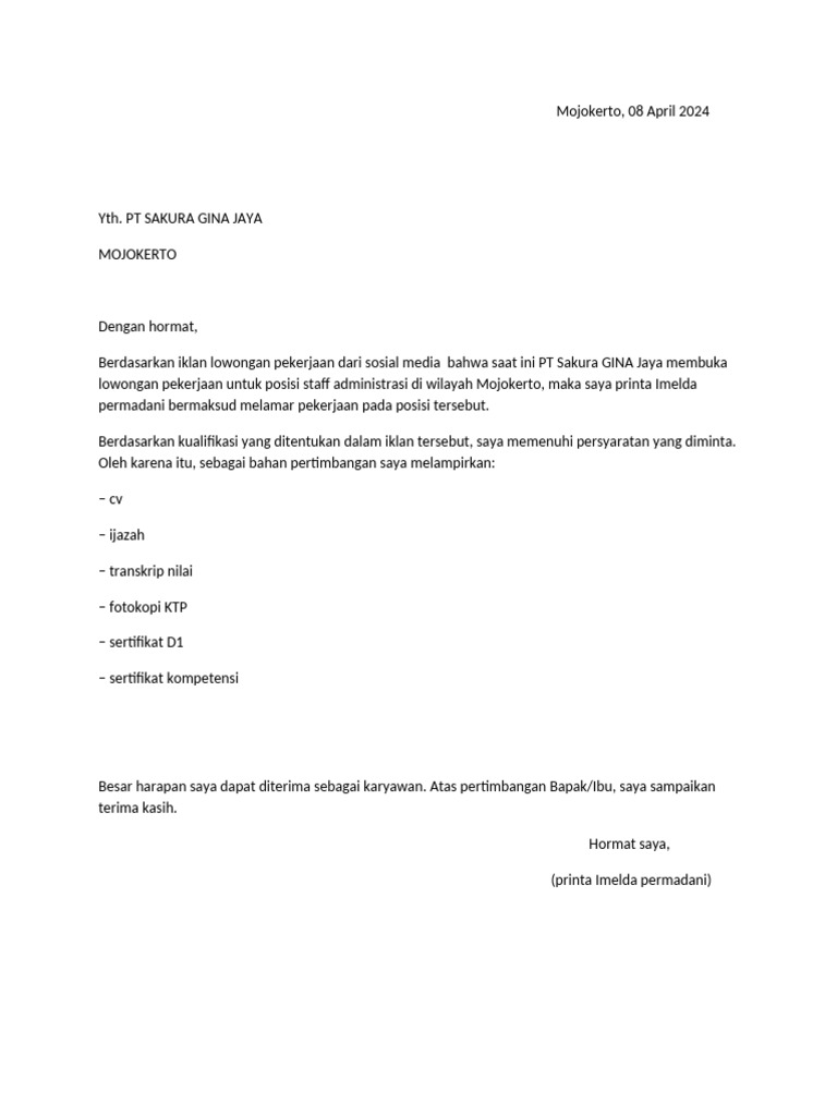 Lamaran Kerja PT Sakura Gina Jaya | PDF