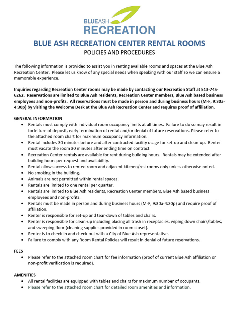 Blue Ash Recreation Center Rentals Guide | PDF | Indemnity