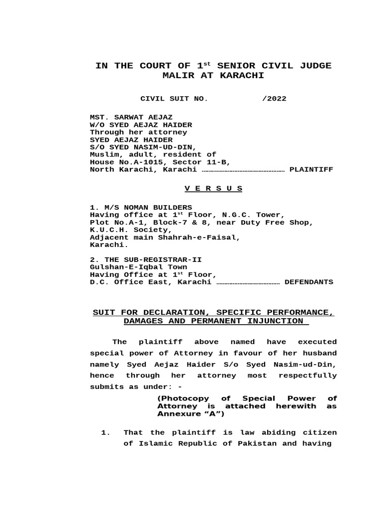 Suit For Declaration, Specific Performance and Permanent Injunction (02!12!2022) Irfan Ahmed ...