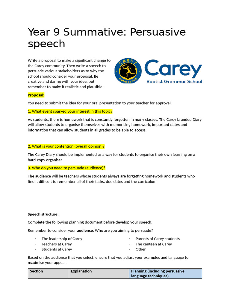 Year 9 Persuasive Speech Proposal | PDF | Public Speaking | Precedent