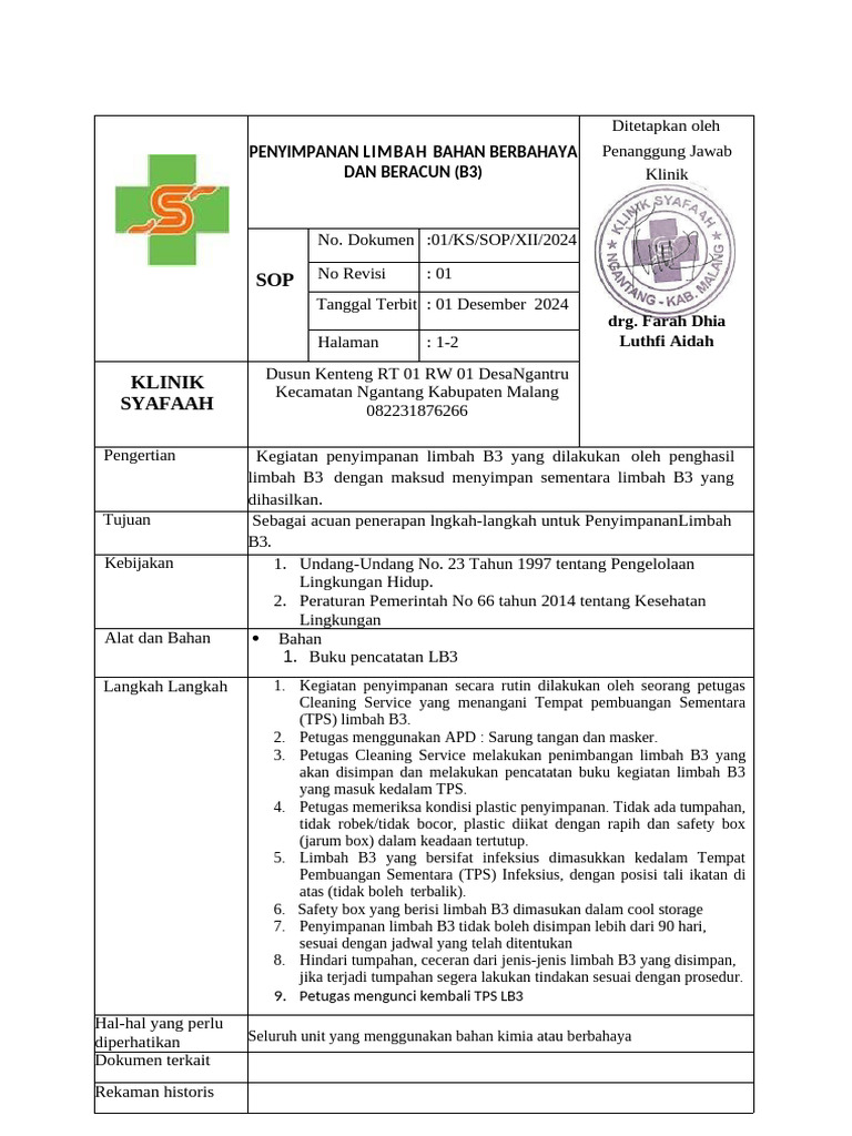 SOP PENYIMPANAN LIMBAH B3 | PDF