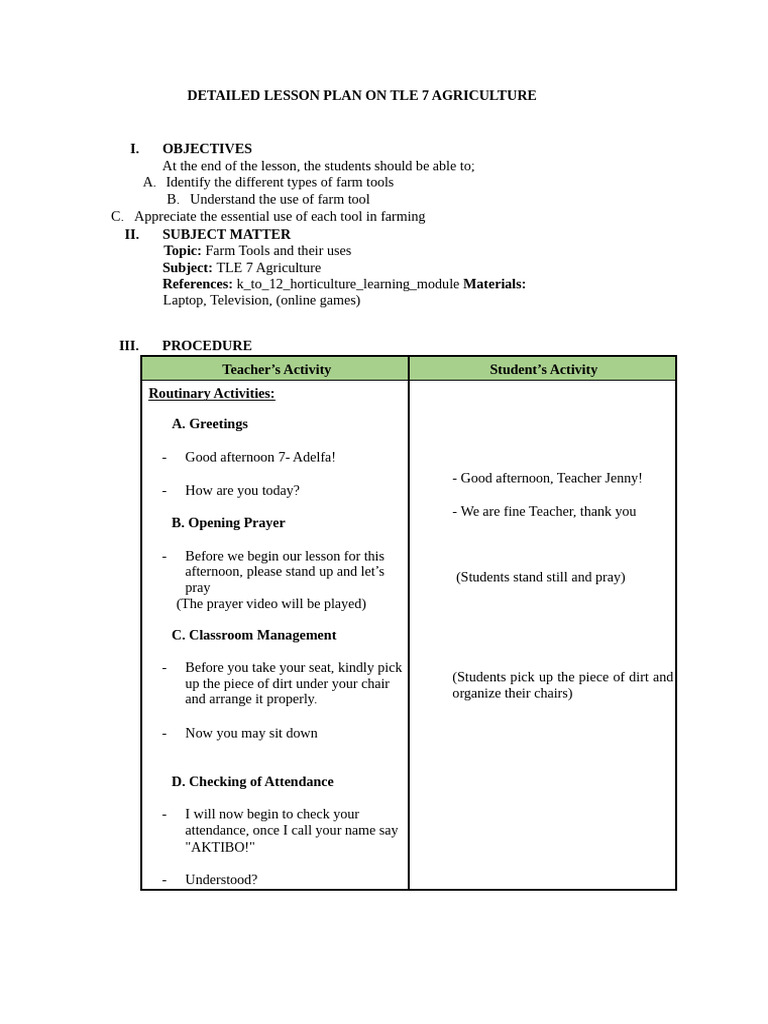 TLE 7 Agriculture: Farm Tools Lesson Plan | PDF | Manure | Lesson Plan