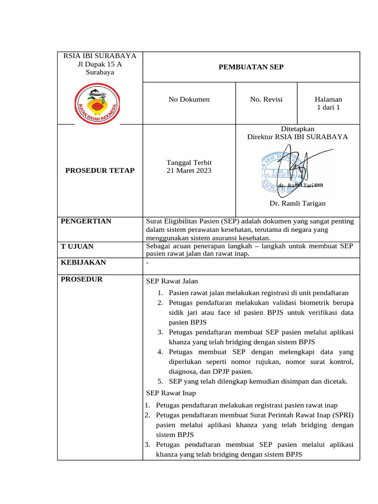 SOP Pembuatan SEP | PDF