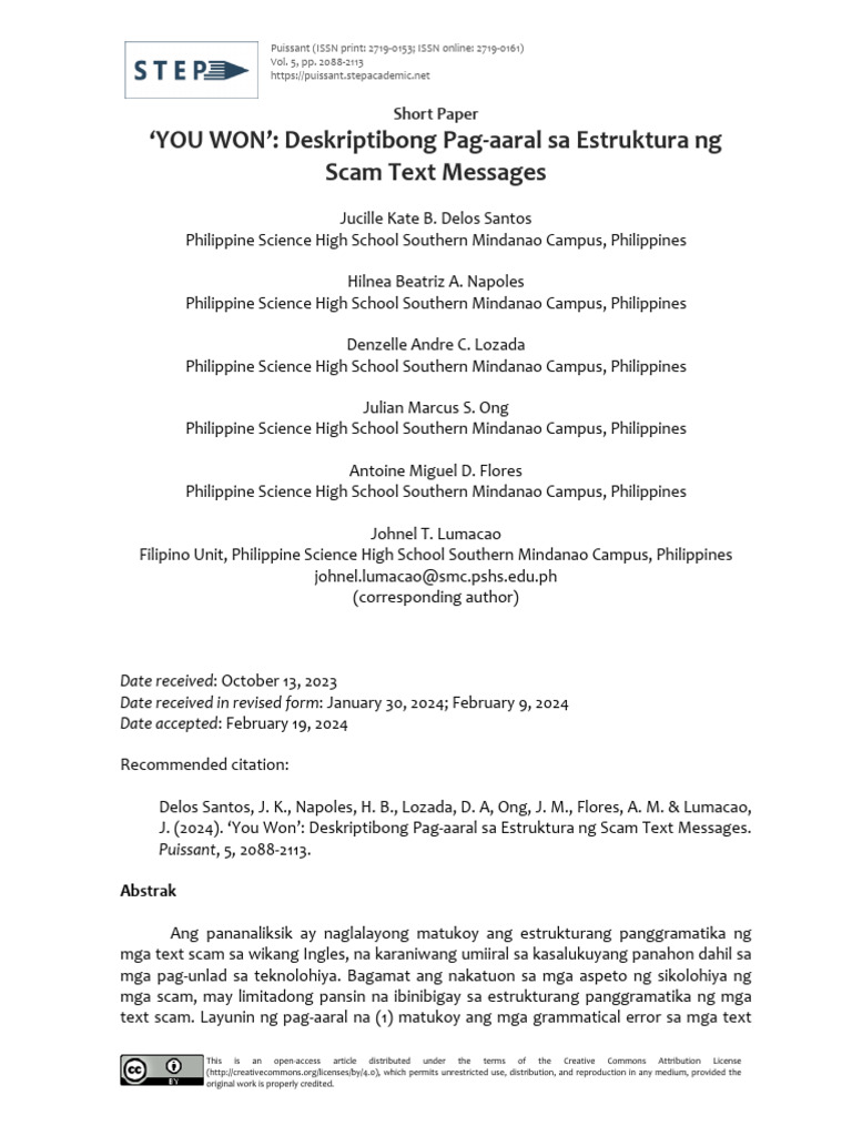 You Won: Deskriptibong Pag-Aaral Sa Estruktura NG Scam Text Messages | PDF