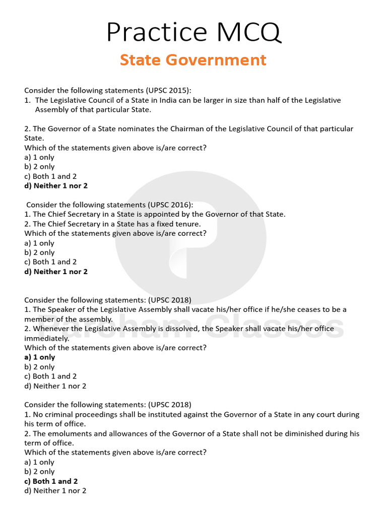 State Government MCQs for UPSC Preparation | PDF | Government | Public Law