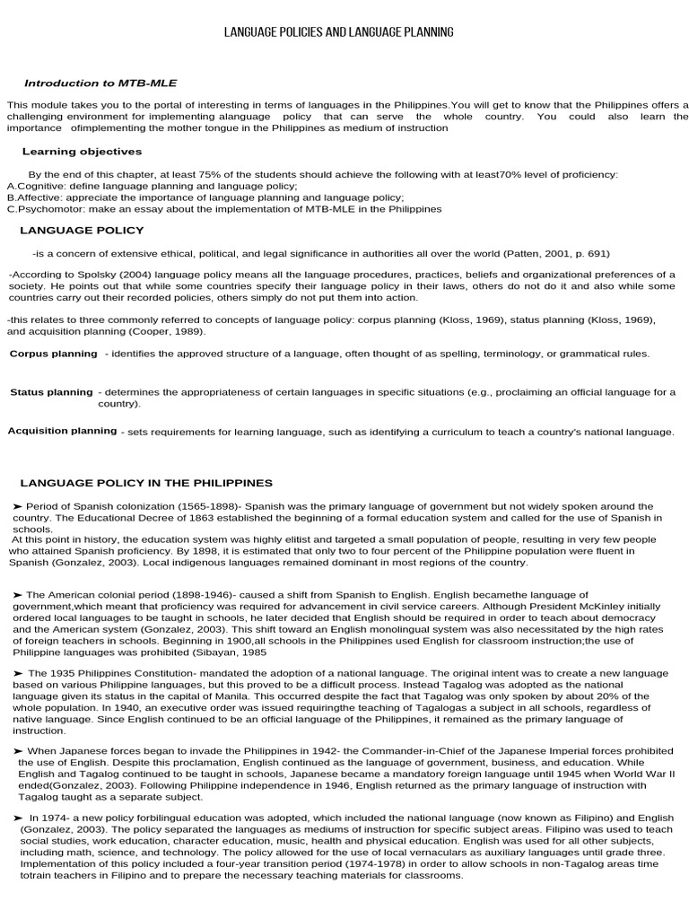 Language Policies Language Planning | PDF | Philippines | English Language