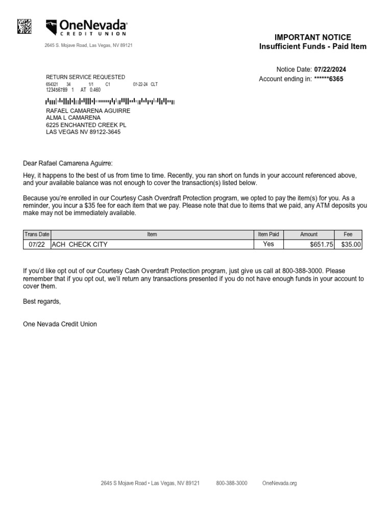 Overdraft Notice for Rafael Aguirre | PDF