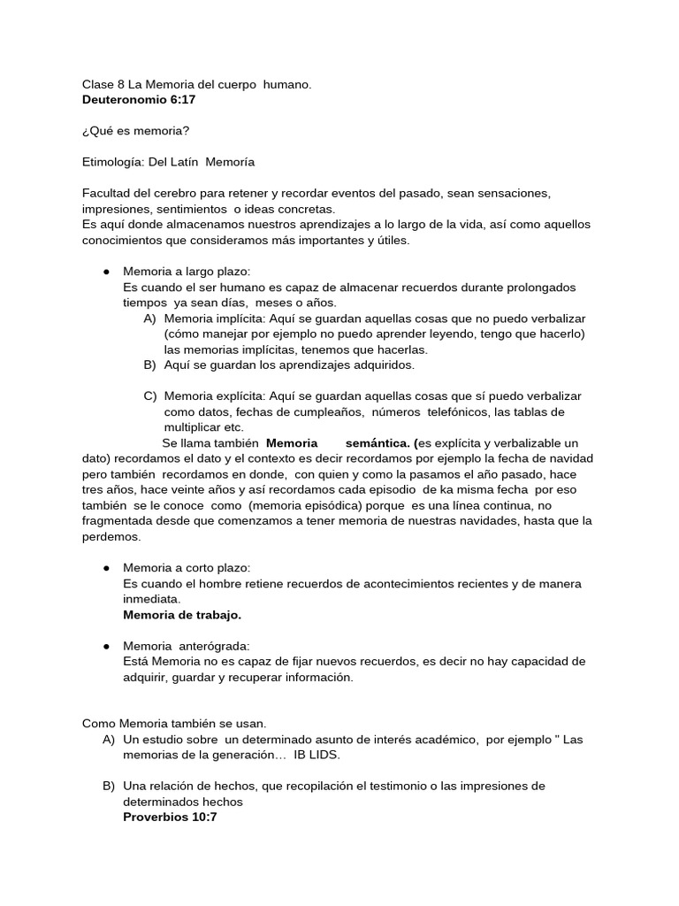 Clase 8 La Memoria Del Cuerpo Humano. | PDF | Memoria | Sicología