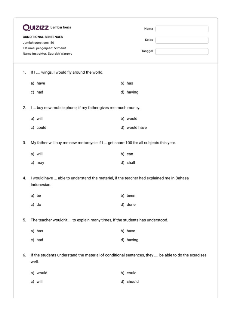 Conditional Sentences - Quizizz | PDF | Language Mechanics | Grammar