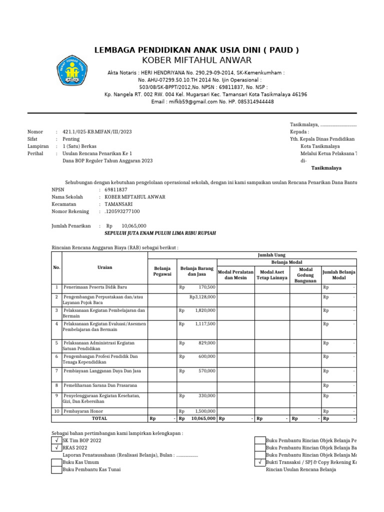 Usulan Rencana Penarikan BOP KB. MIFAN PAUD 2022 | PDF
