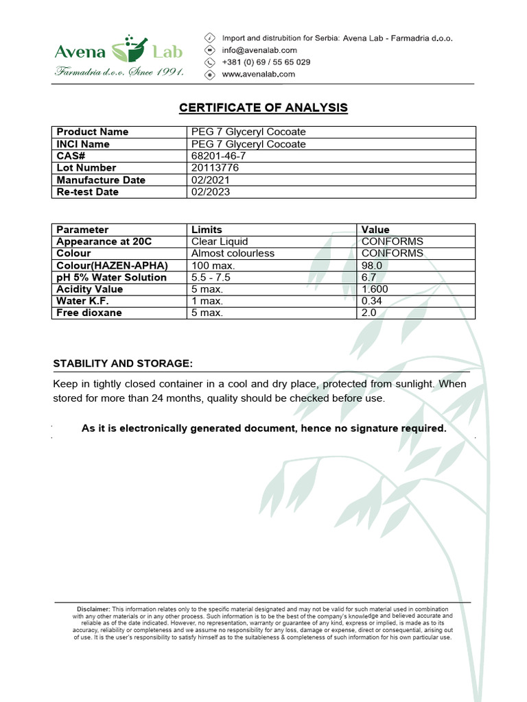 PEG 7 Glyceryl Cocoate - 20113776 | PDF