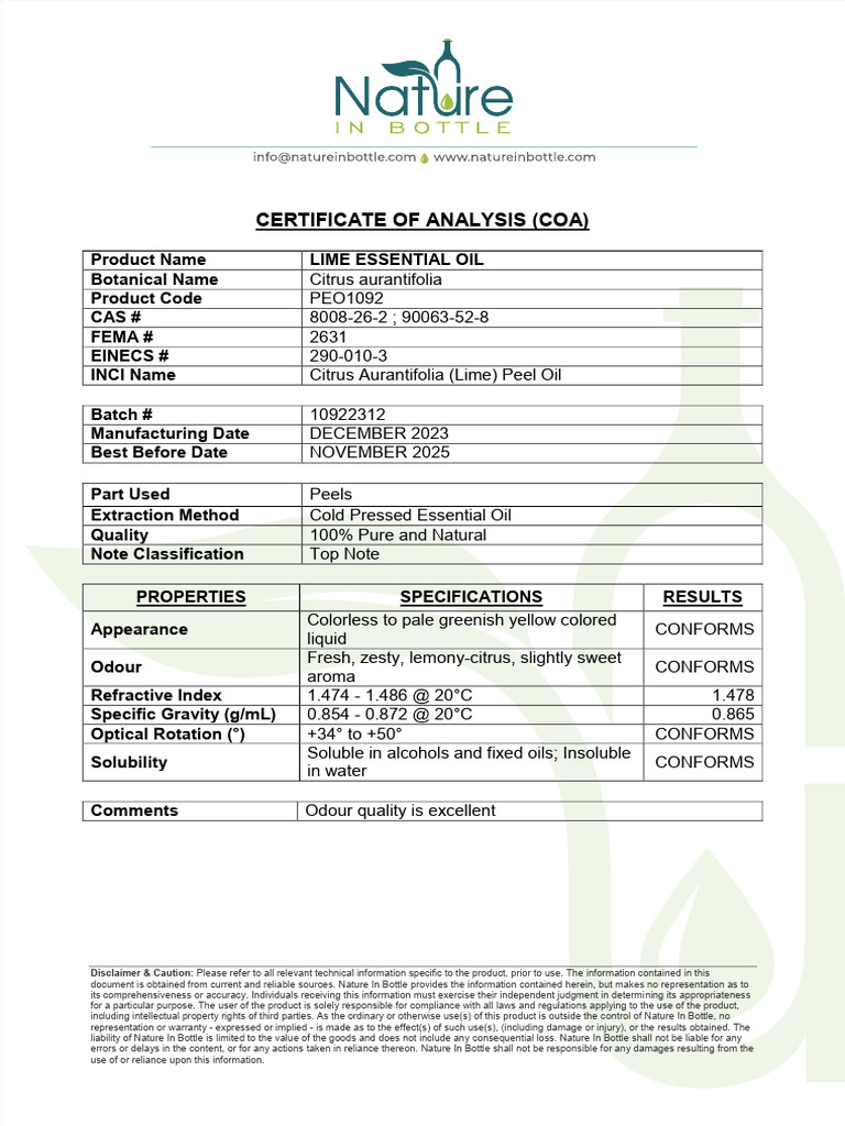 Lime Essential Oil COA Details | PDF