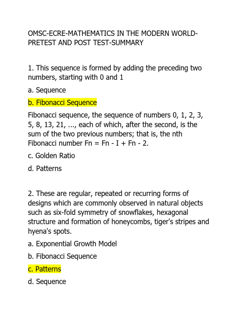 Omsc Ecre Mathematics in The Modern World Pretest and Post Test Summary ...