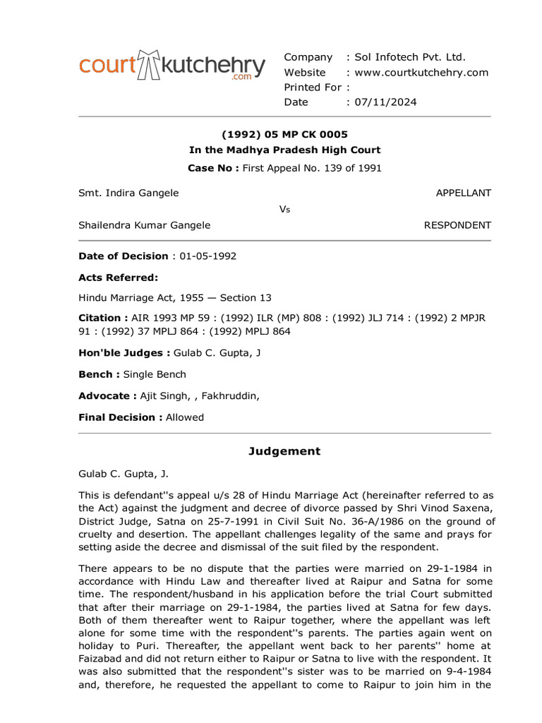 Smt. Indira Gangele Vs Gangele | PDF | Judgment (Law) | Divorce