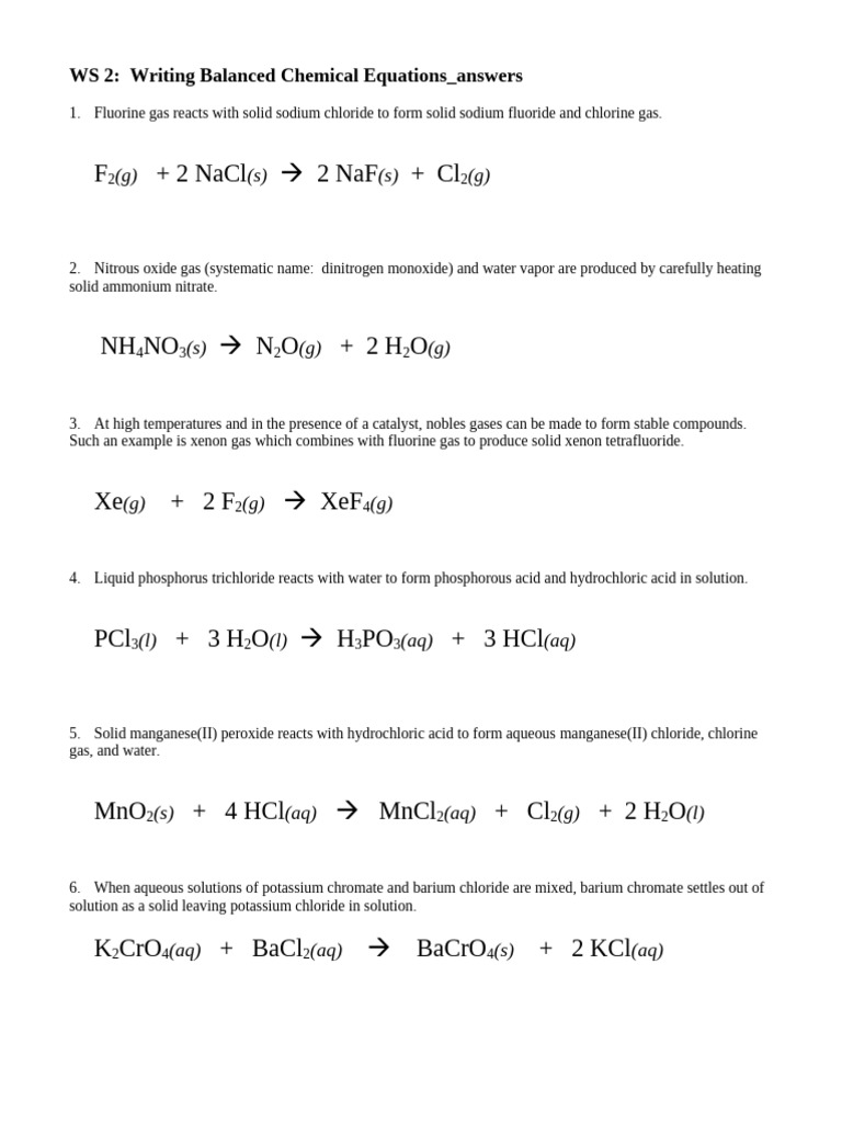 WS 2 HChem Writing Balanced Chemical Equations 1 Answers | PDF