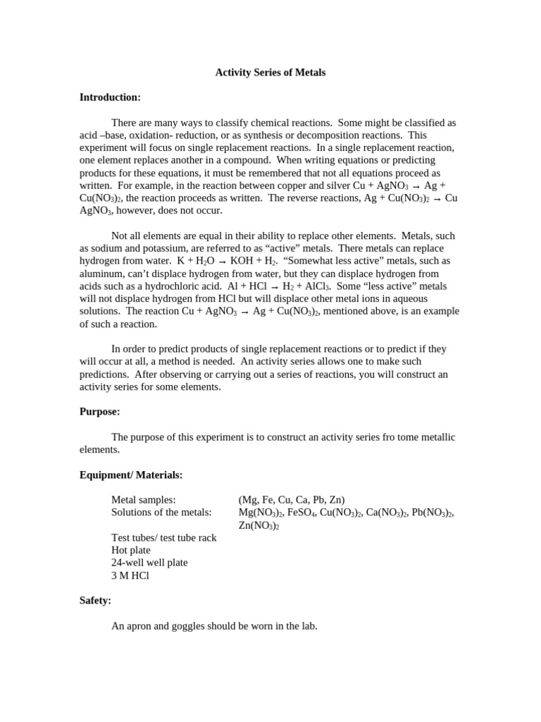 Activity Series of Metals | PDF | Chemical Reactions | Hydrochloric Acid