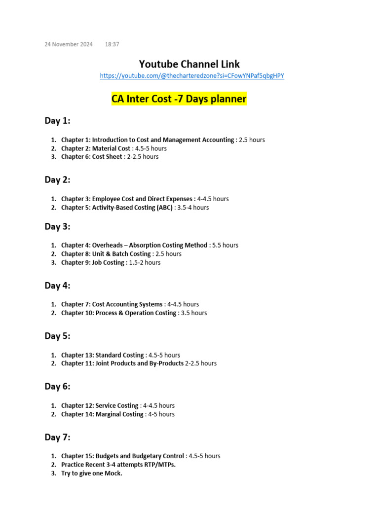 7-Day CA Inter Cost Study Plan | PDF