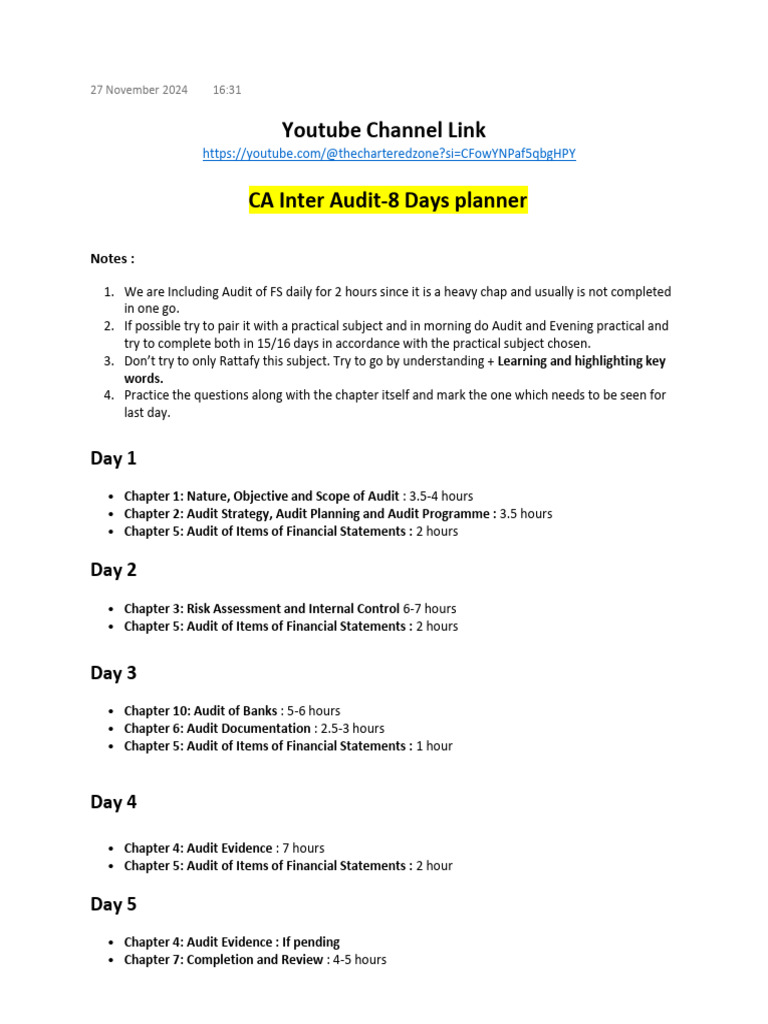 CA Inter Audit Study Plan | PDF | Audit | Financial Statement