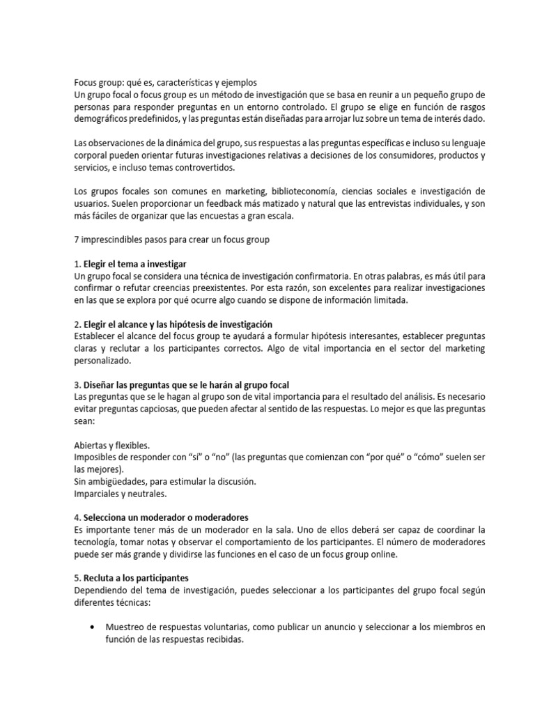 Focus Group Definición y Apuntes | PDF | Grupo de enfoque | Cognición