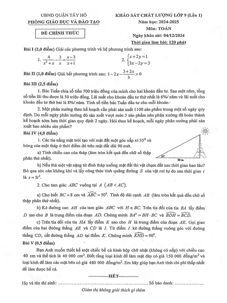 Đề Cuối HK1 Toán 9 | PDF