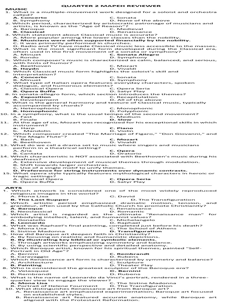 Quarter 2 MAPEH 9 Reviewer For Dissemination | PDF | Classical Period (Music) | Substance Abuse