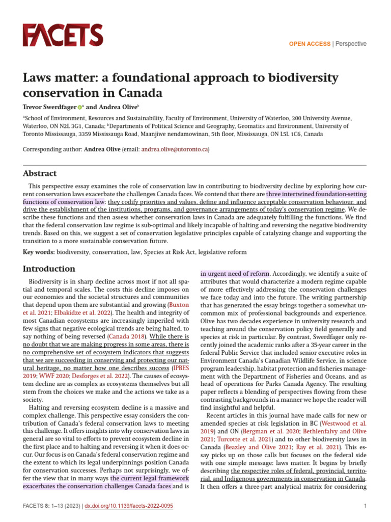 Laws Matter A Foundational Approach To Biodiversity Conservation In Canada Pdf Conservation