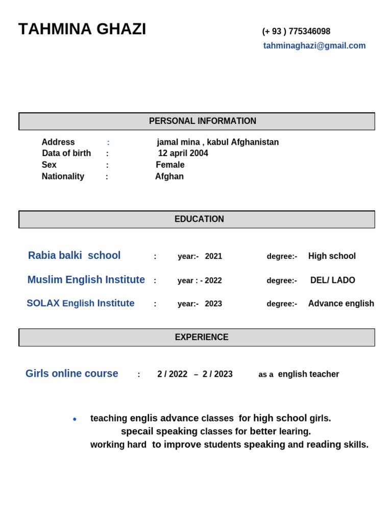 Tahmina Ghazi: Rabia Balki School Muslim English Institute | PDF
