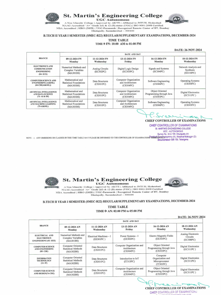II B.TECH I SEM Regular Exams (SMEC-R22) DEC-2024 Time Table | PDF