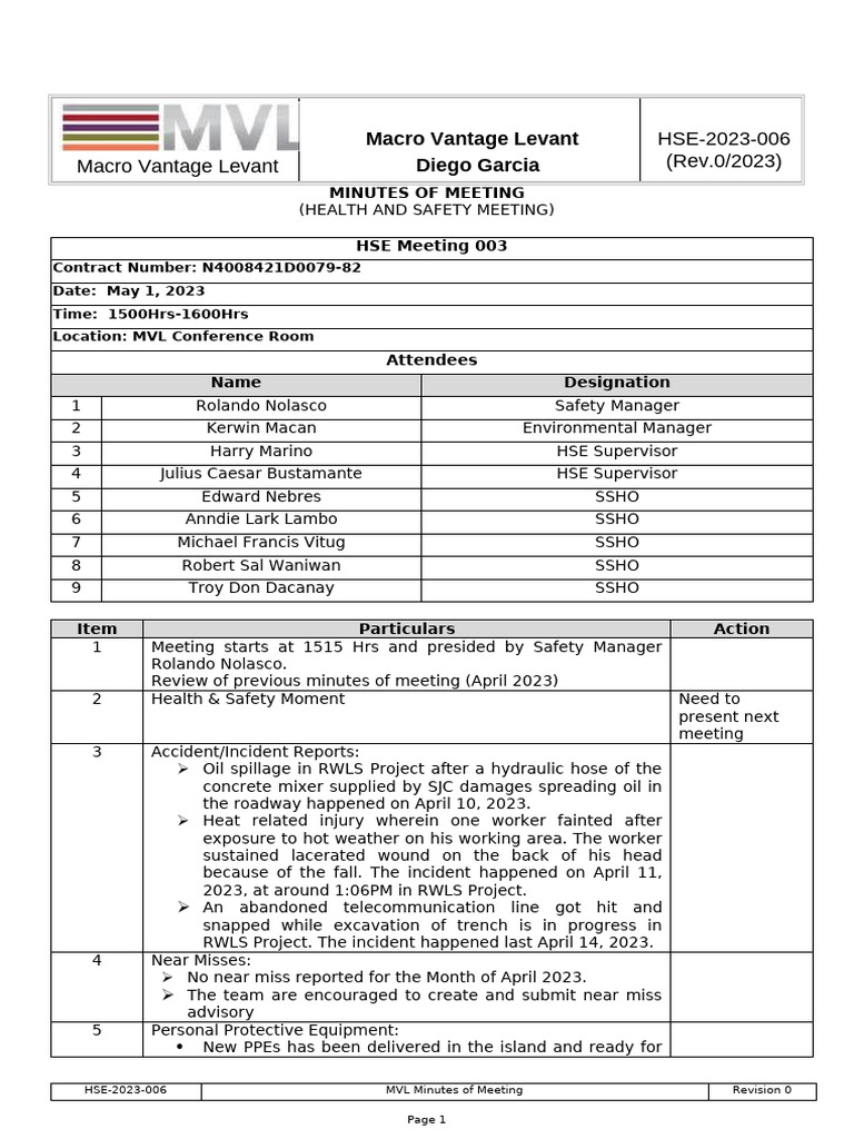 MVL Health and Safety Meeting Minutes | PDF | Occupational Safety And ...