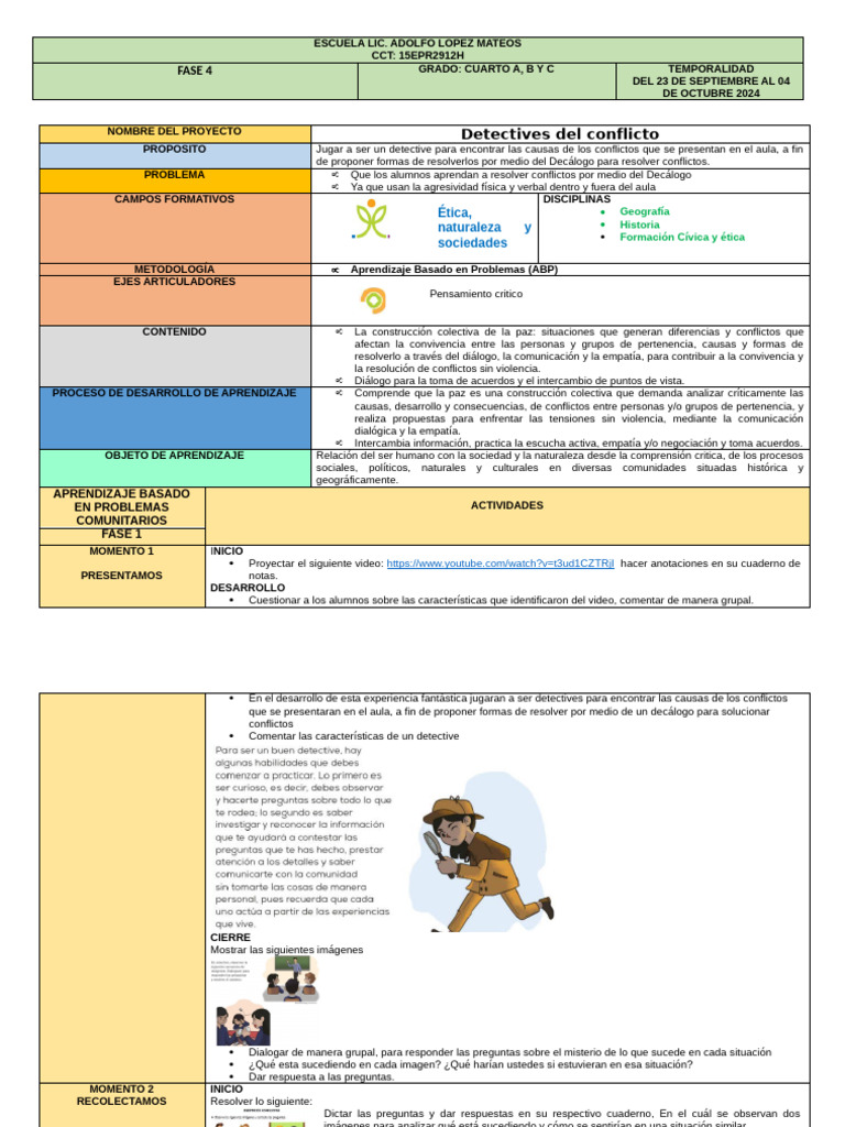 Proyecto Detectives Del Conflicto 4° Grado 2024 - 2025 | PDF | Mediación | Empatía