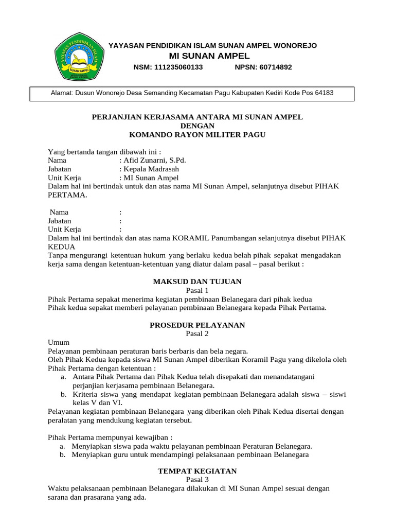Contoh Mou Sekolah Dengan Koramil | PDF