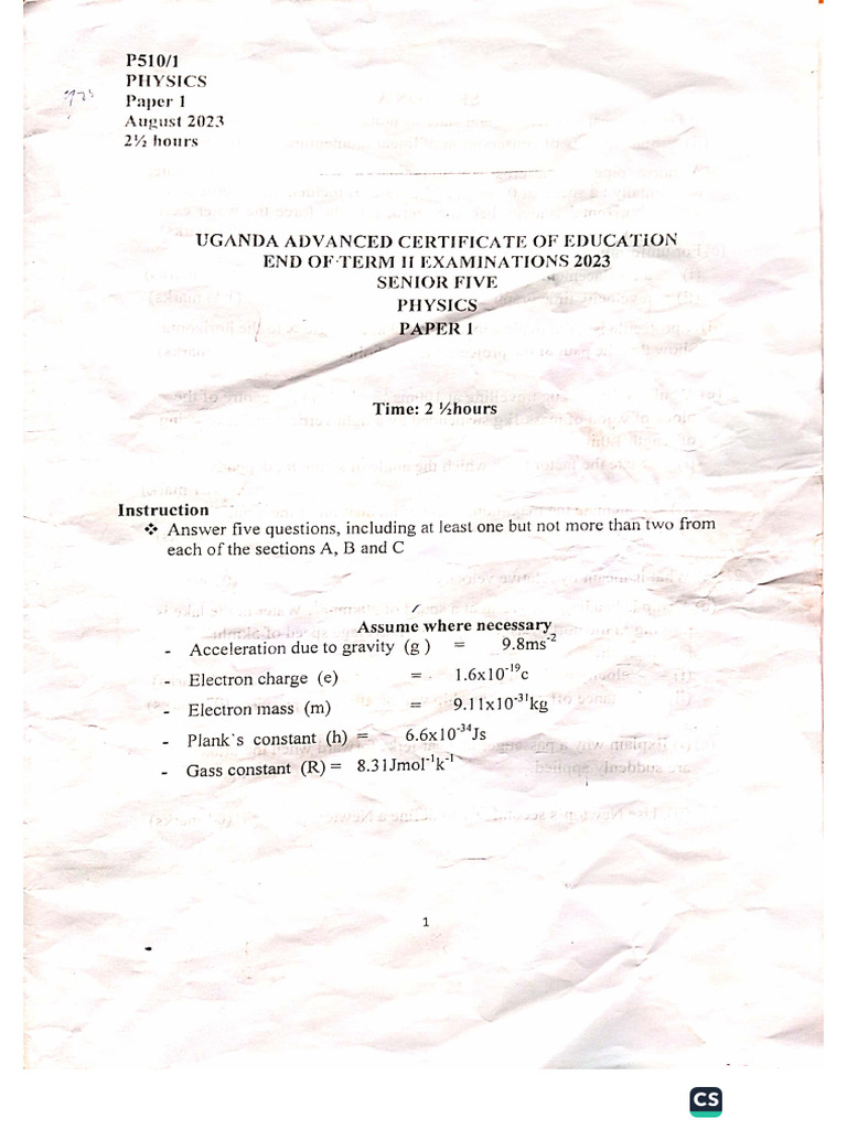 S5 Term 2 Physics Paper 1 | PDF