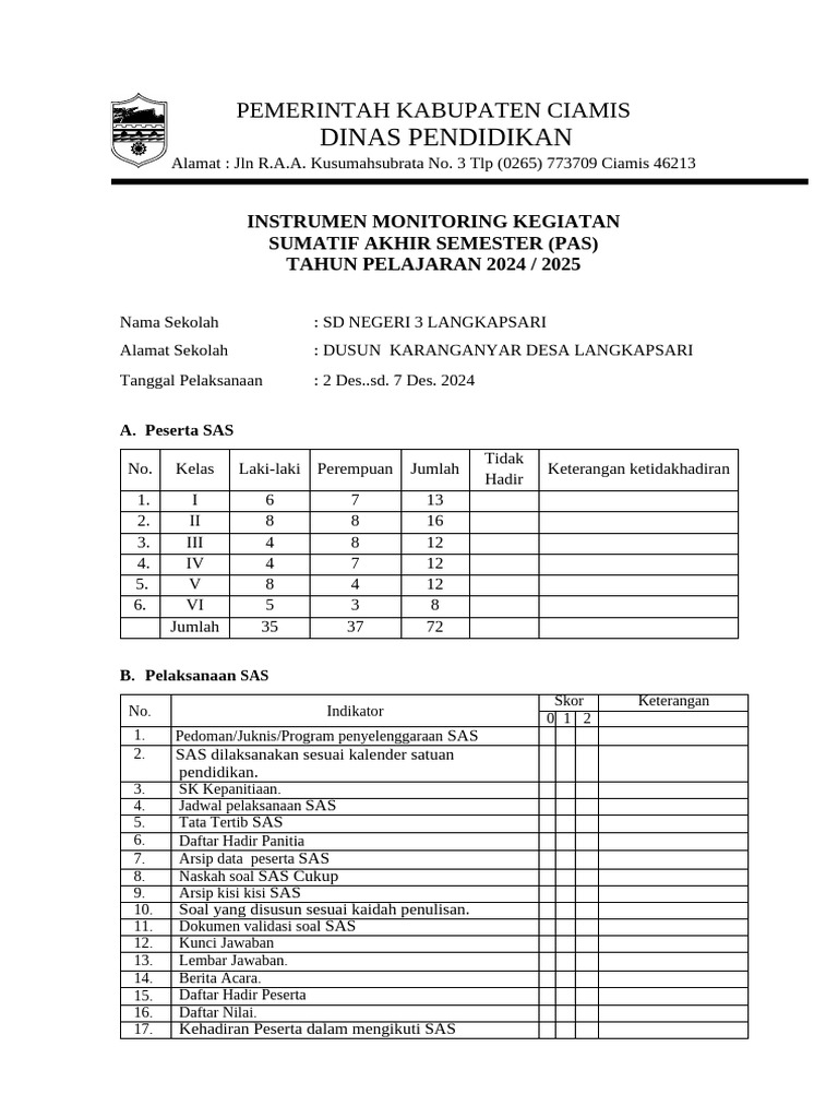 Instrumen-Monitoring PAS 2024 | PDF