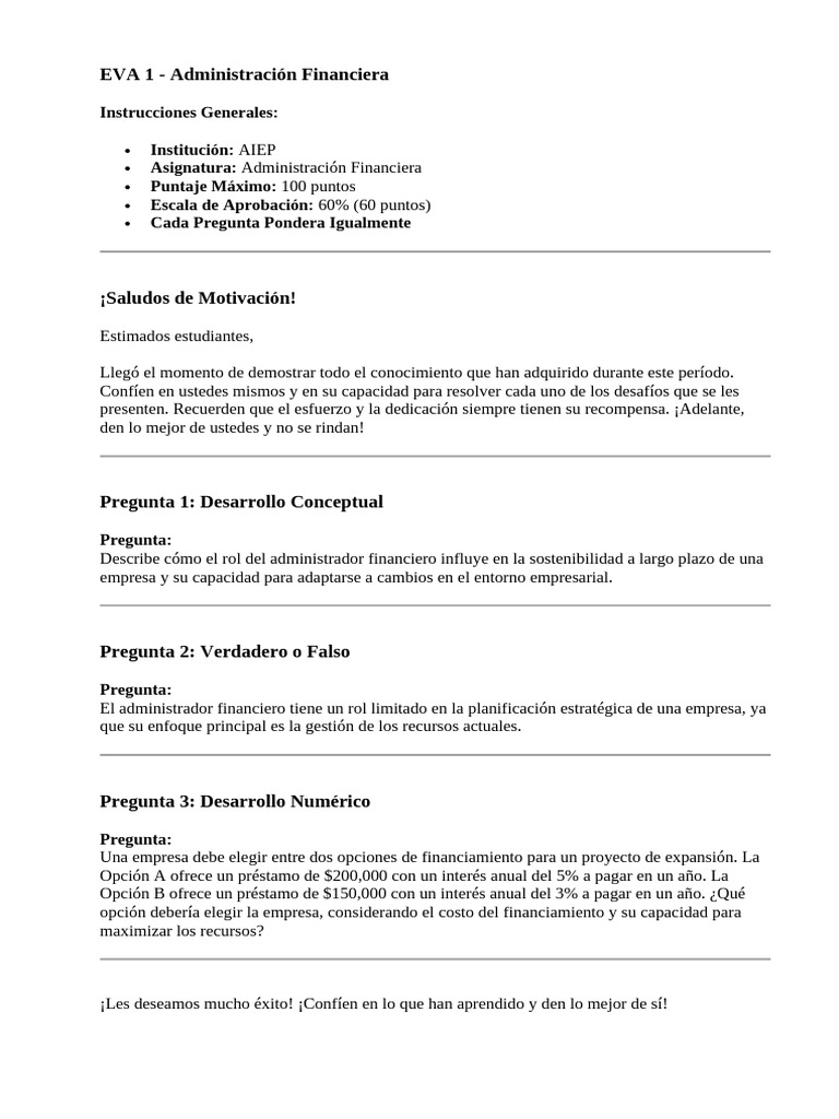 eva 1 finanzas | PDF | Business | Presupuesto