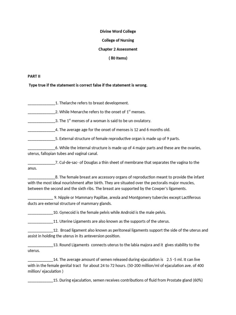 NCM 017 Chapter 2 Assessment Part 2 2 | PDF | Female Mammals | Sex