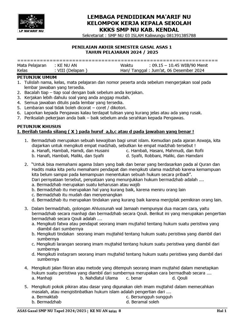 Soal Ke Nu An KLS 8 Asas 1 | PDF