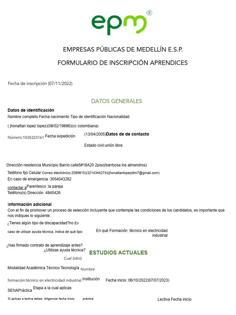 Formulario de Inscripción Aprendices EPM | PDF