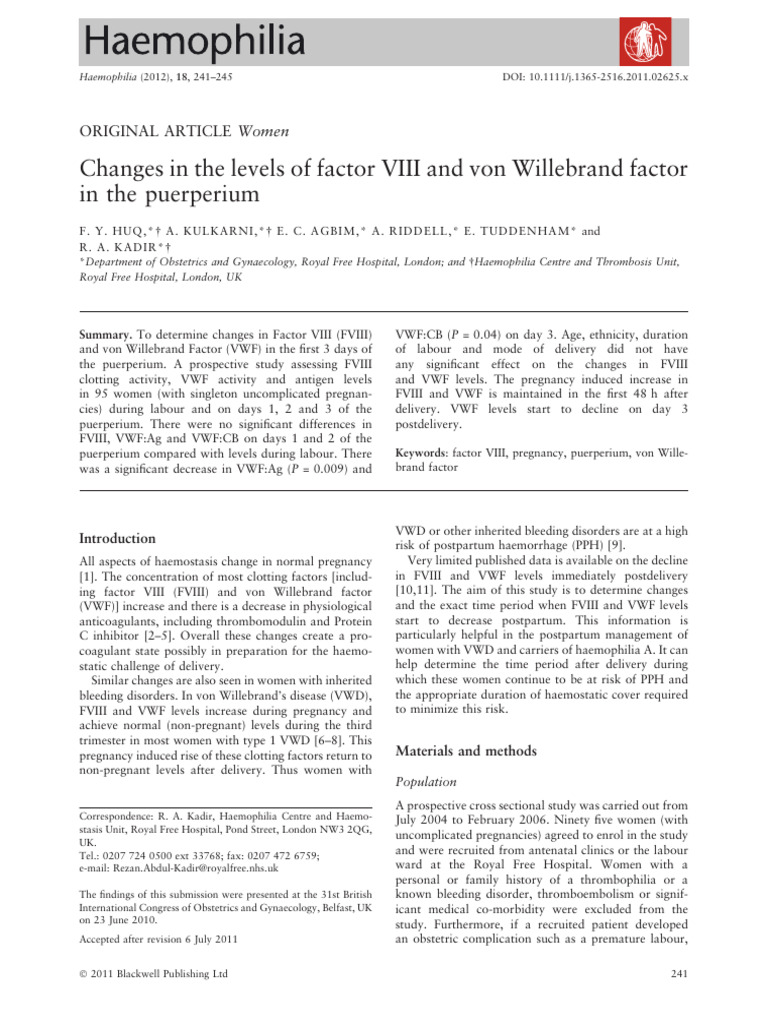 Changes in the Levels of Factor VIII and Von Willebrand Factor | PDF ...