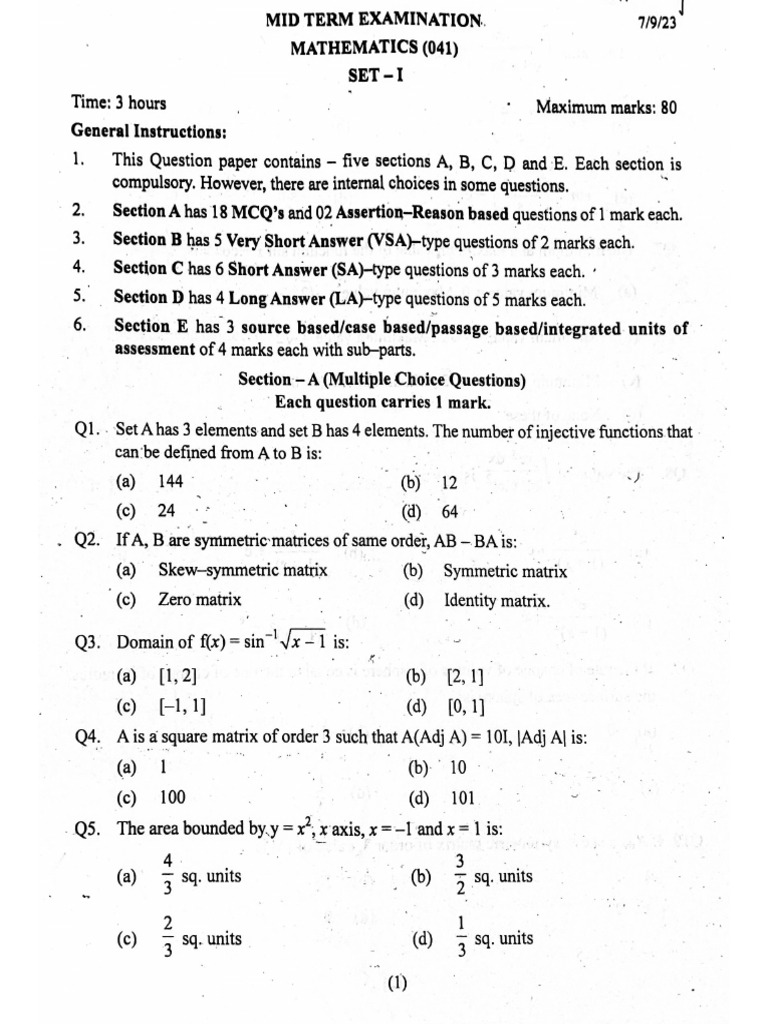 Class 12 Sample Format Mathematics | PDF