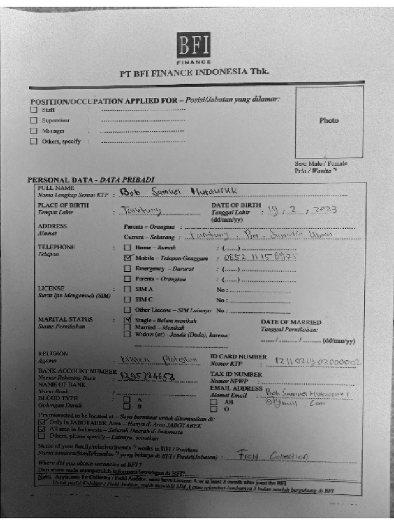 Data Diri Bob Samuel Hutauruk | PDF