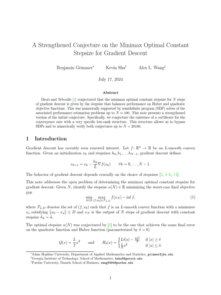 A Strengthened Conjecture On The Minimax Optimal Constant Stepsize For Gradient Descent | PDF ...