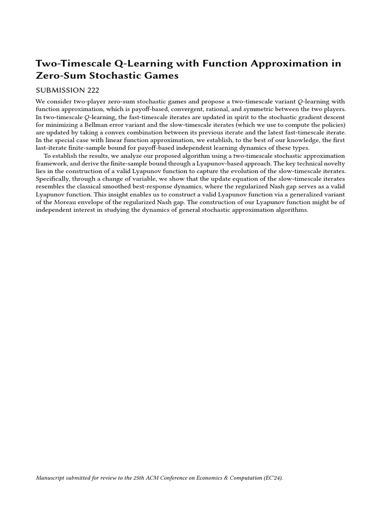 EC 2024 Zero Sum Stochastic Games Linear Function Approximation | PDF | Dynamical System ...