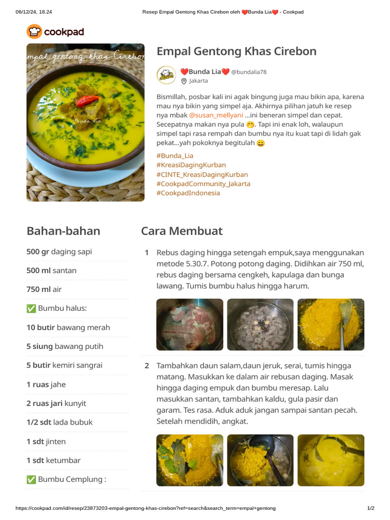 Resep Empal Gentong Khas Cirebon Oleh Bunda Lia - Cookpad | PDF