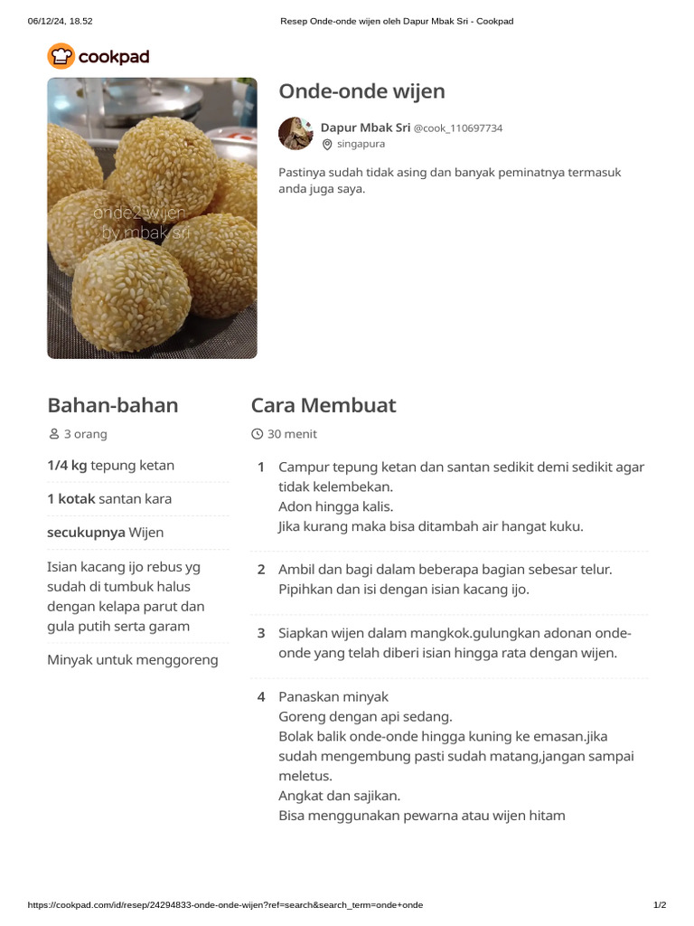 Resep Onde-Onde Wijen Oleh Dapur Mbak Sri - Cookpad | PDF